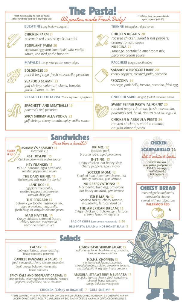 MENU – PALERMO'S ORIGINAL PASTA & SANDWICHES