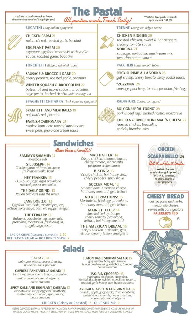 MENU – PALERMO'S ORIGINAL PASTA & SANDWICHES